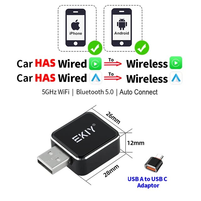 Адаптер EKIY CarPlay Android Auto A2A, проводной и беспроводной, совместим с автомобилями Audi, Toyota, Mazda, Nissan, Chevrolet, Suzuki, Subaru, Kia, Ford, Opel, Skoda и другими моделями.