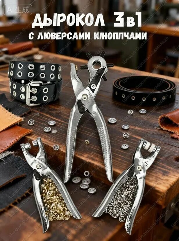 Дырокол 3в1, заклепочник, кнопочник с люверсами для кожи, ткани и резины, пресекатель