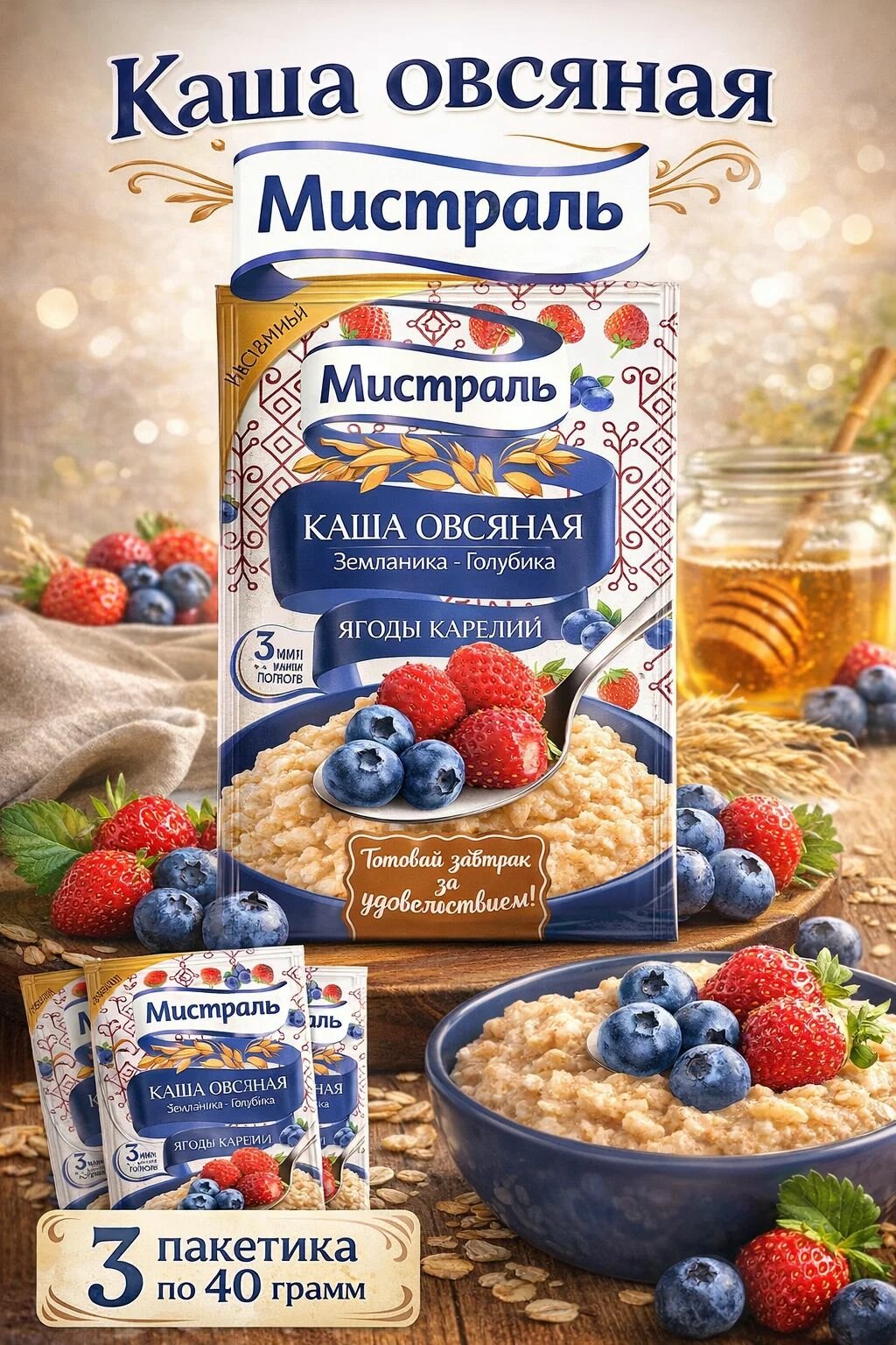Набор 3 шт Каша Мистраль овсяная Земляника-Голубика
