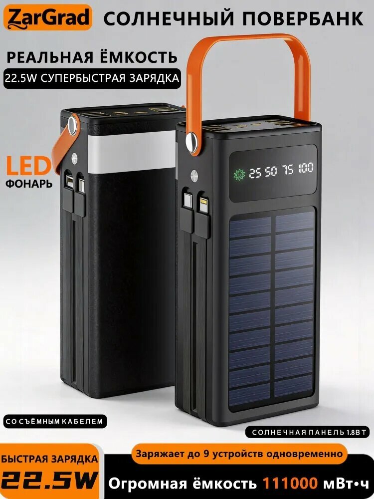 Повербанк с солнечной панелью для быстрой зарядки, внешний аккумулятор портативный 100000 mWh