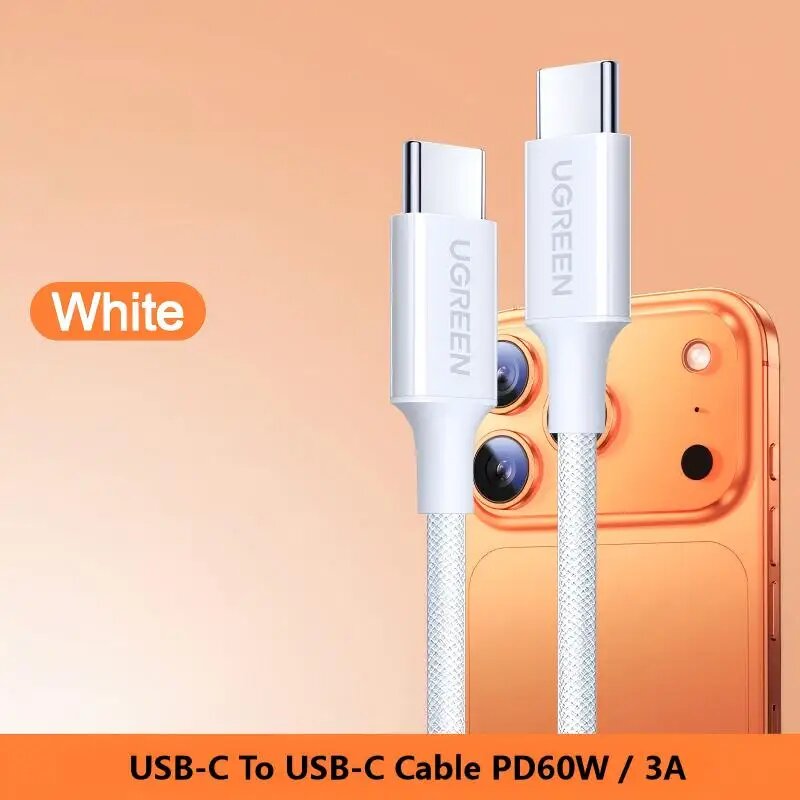 Кабель UGREEN USB-C - USB-C, 1 м, белый, PD60W 3A