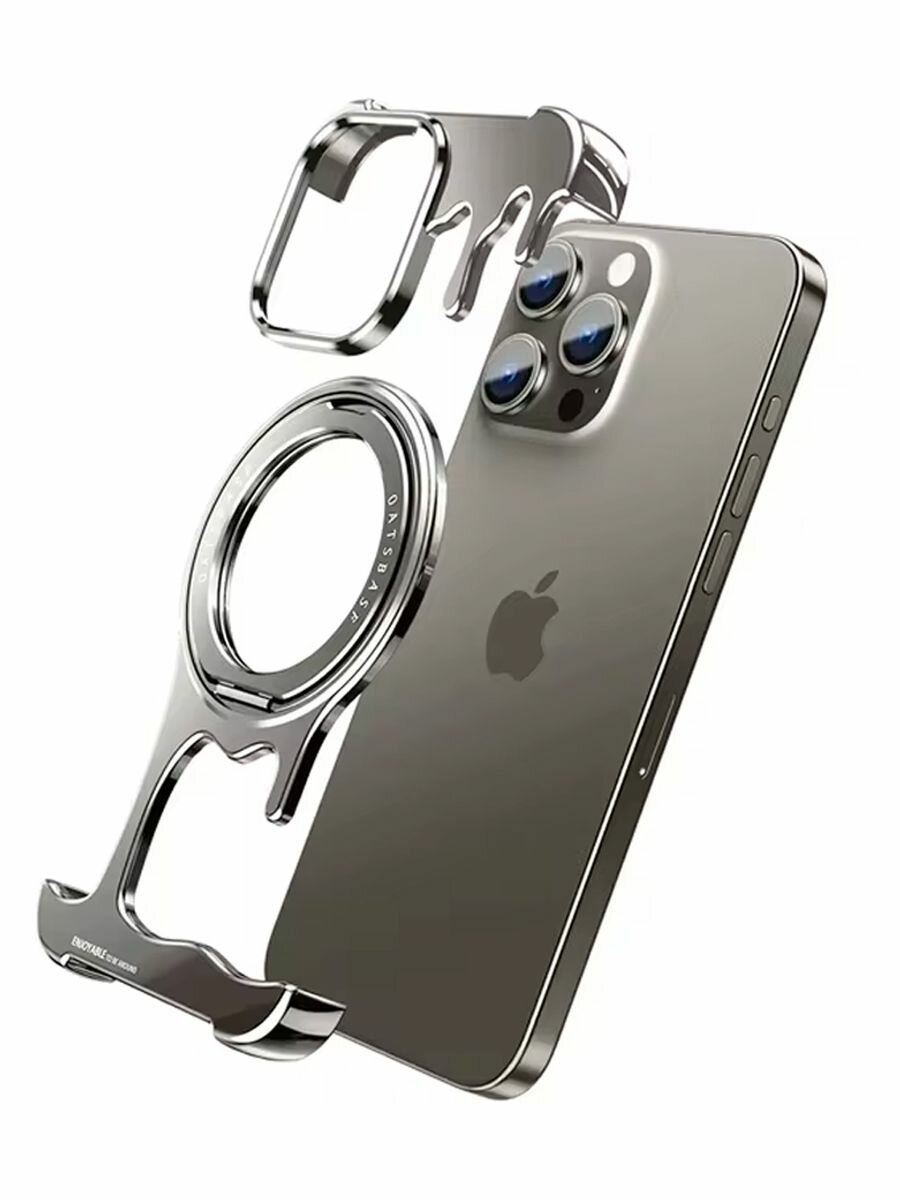 Eary металический чехол-бампер для iPhone 16 Pro Max (серый/натуральный титан) / Поддержка Magsafe / Трансформация в подставку