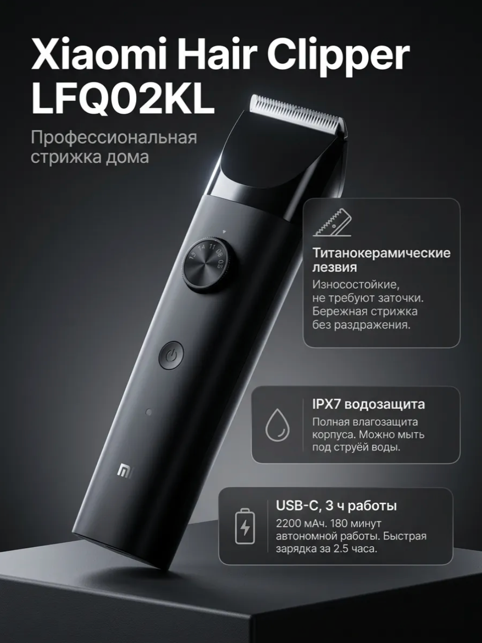 Машинка для стрижки волос Xiaomi Mijia Hair Clipper LFQ02KL, керамотитановый нож, IPX7, 180 мин, черная, CN