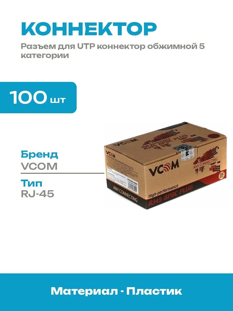 Разъем для кабеля UTP 100 шт штекер 5 категории прозрачный