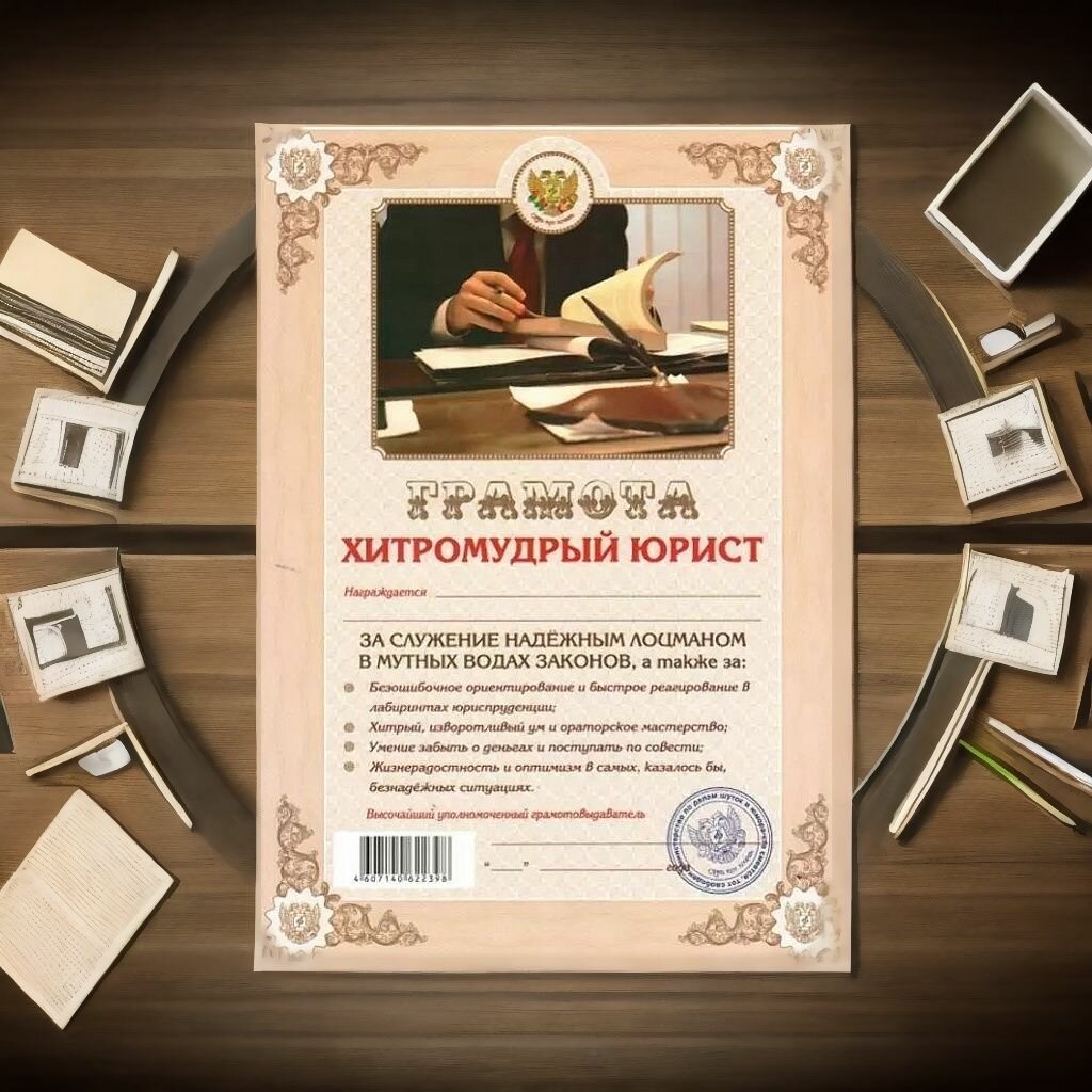 Грамота Шуточная "Хитромудрый юрист"