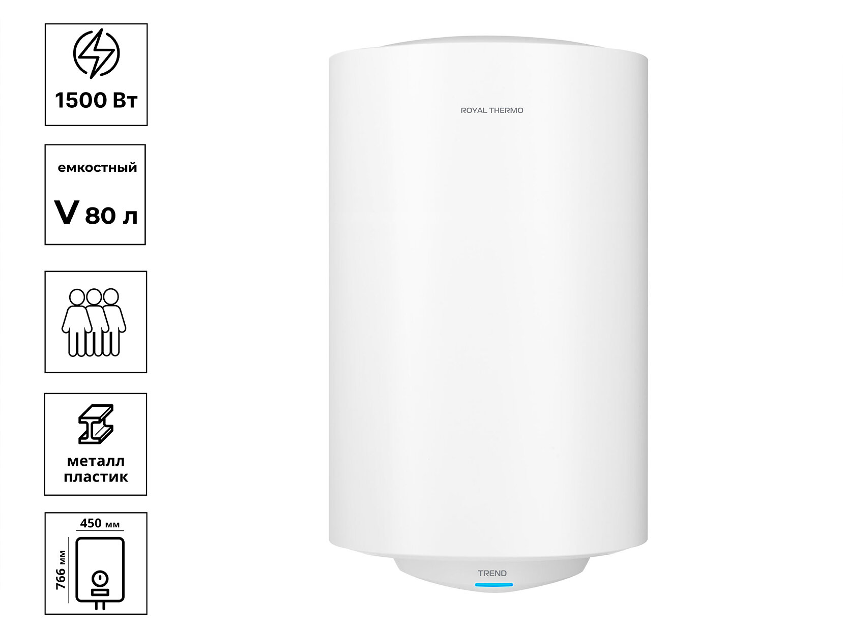 Водонагреватель Royal Thermo RWH 80 Trend, эмалированный, 80 л, белый