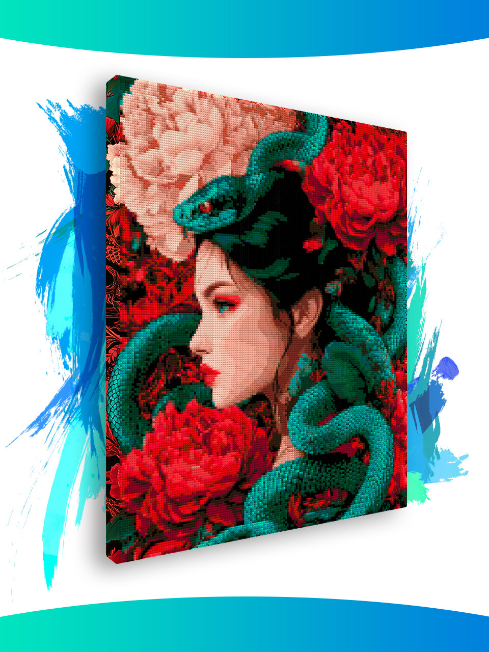 Алмазная мозаика на подрамнике - вышивка Девушка со змеями в пионах 40 х 50 см