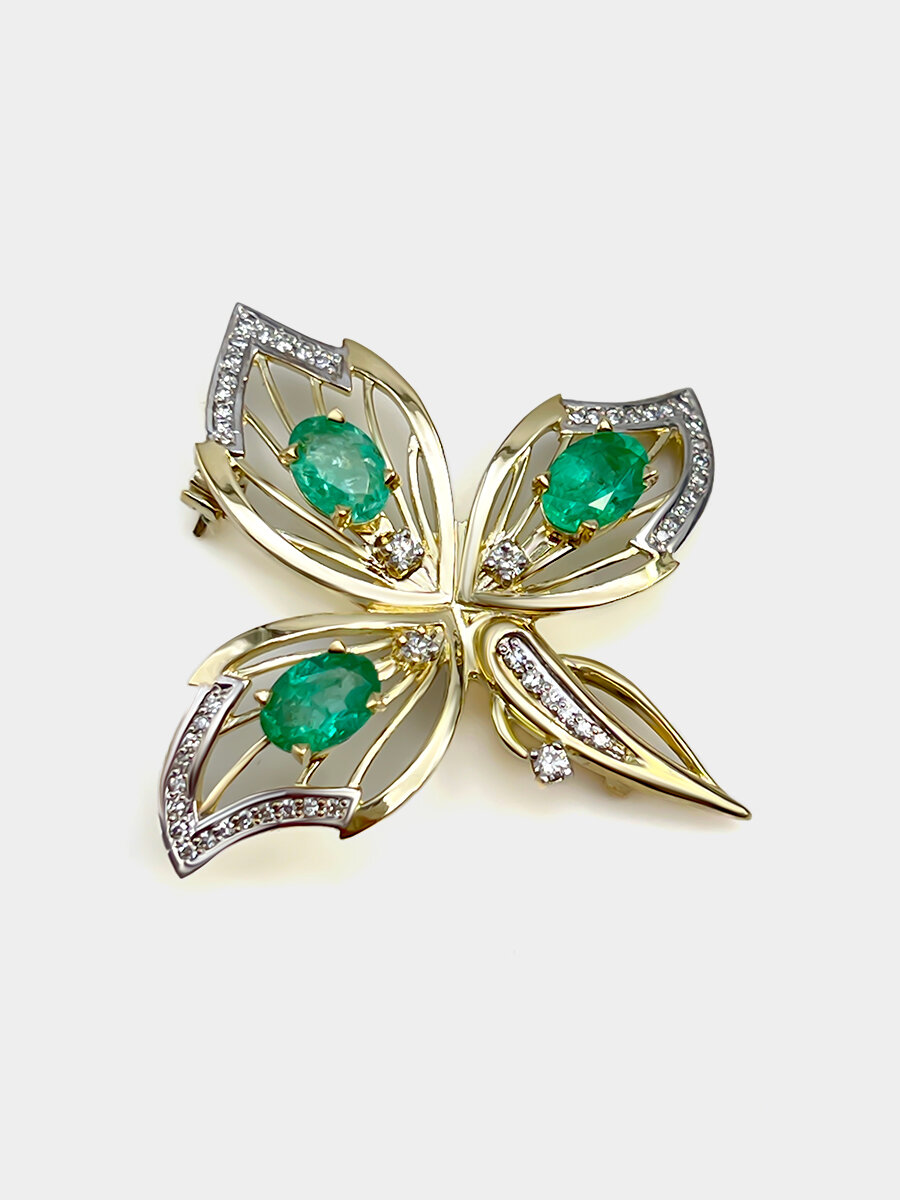 Брошь, желтое золото, 585 проба, изумруд, бриллиант
