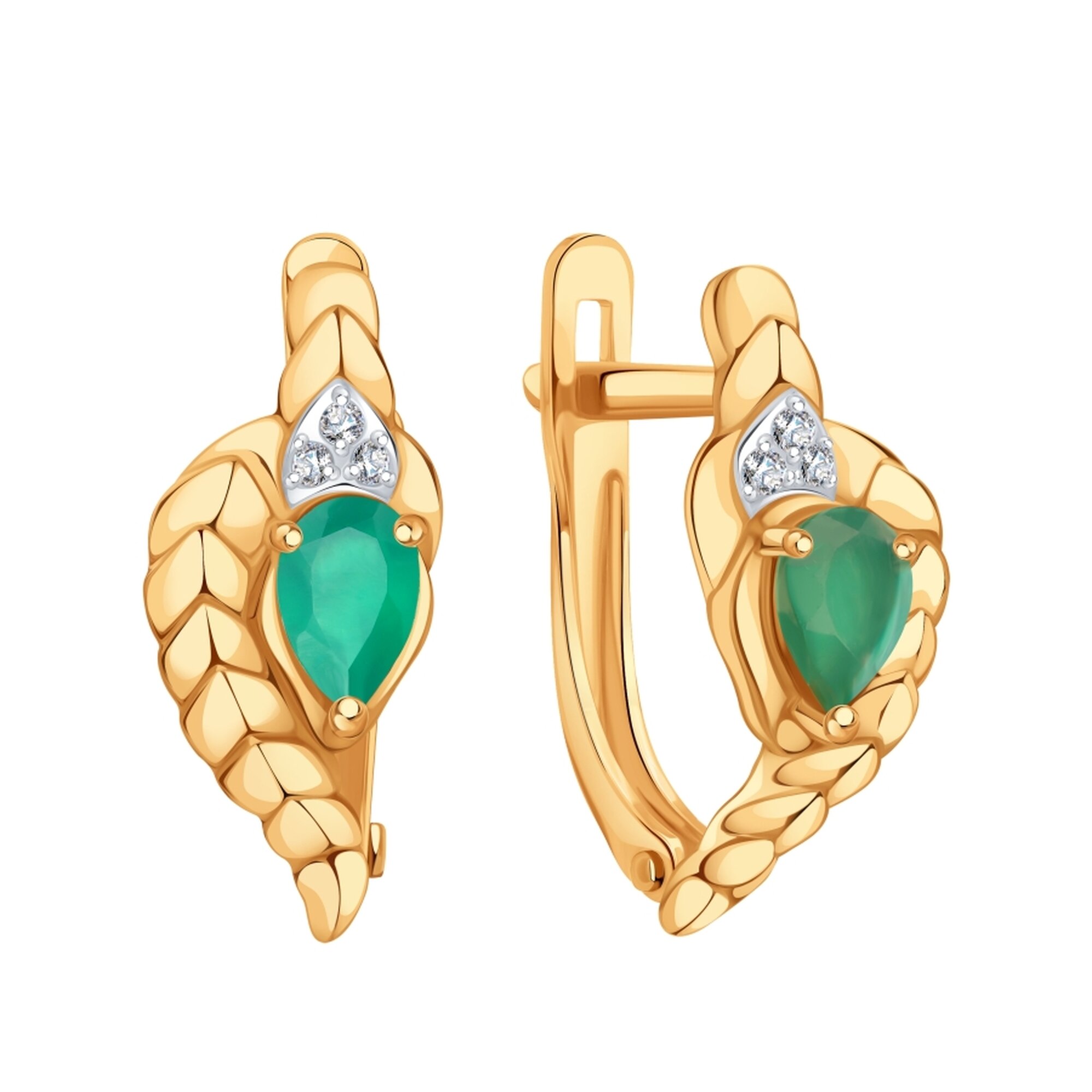 Серьги, красное золото, 585 проба, фианит, агат