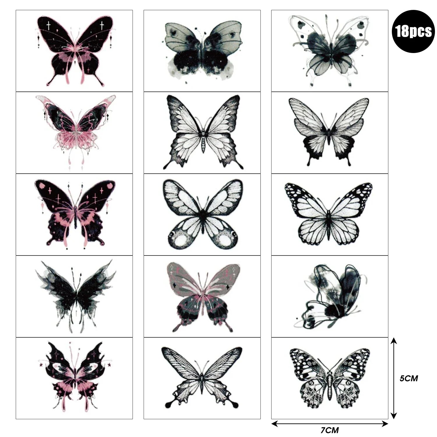 Временные татуировки бабочки 18pcs, цветные