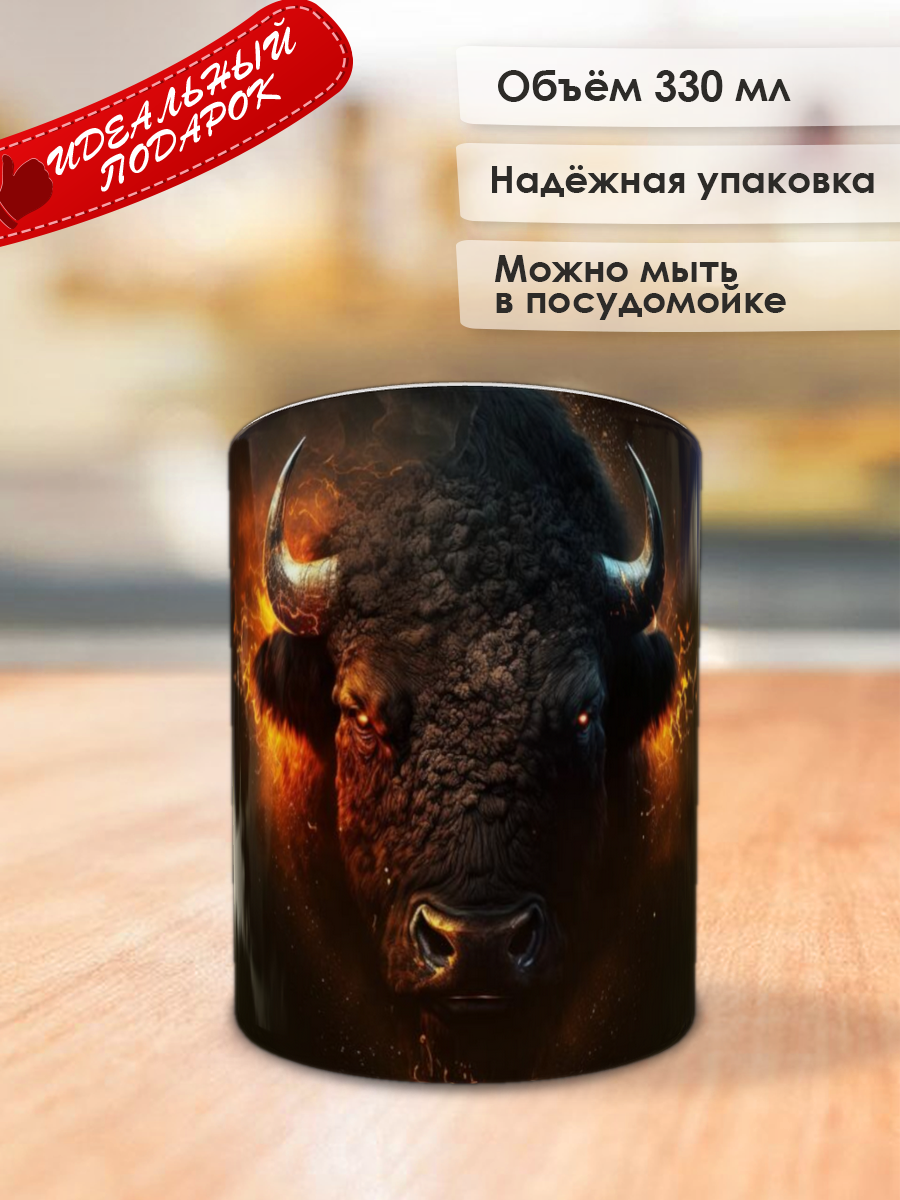 Кружка "Бык" Обнял, керамика, белая, с принтом, 330мл — фото 1