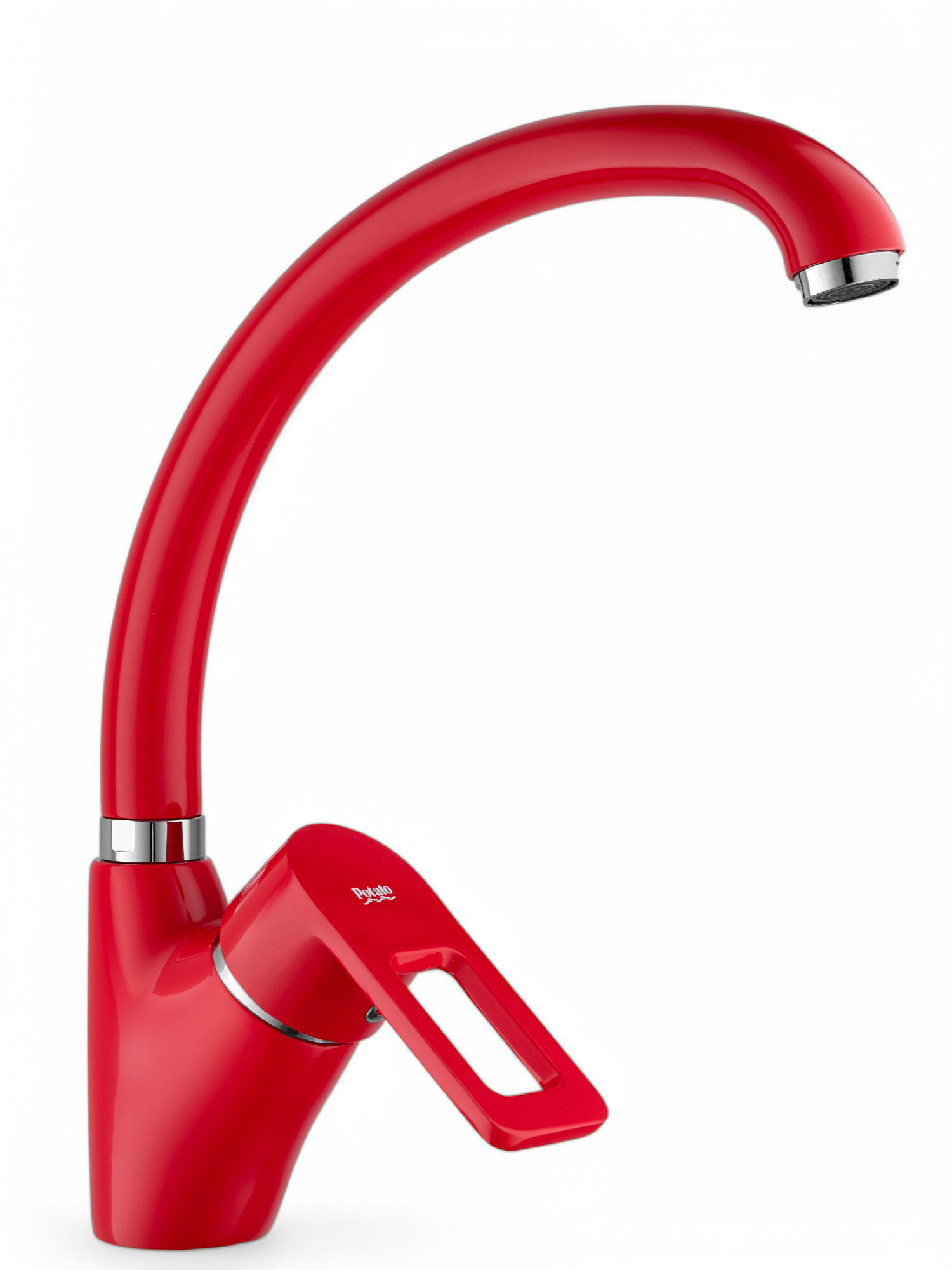 Смеситель для кухни с высоким поворотным изливом и ручкой с прорезью, красный глянец