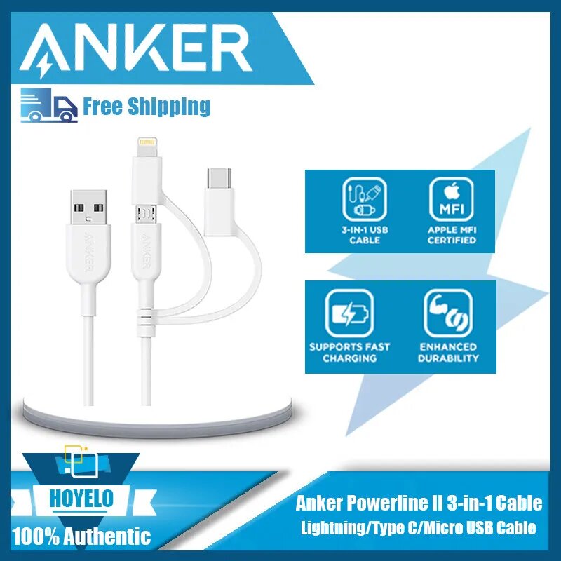 Anker Powerline II Кабель 3-в-1 Lightning/Type C/Micro USB для iPhone iPad Huawei, HTC LG, Samsung Galaxy, Sony Xperia