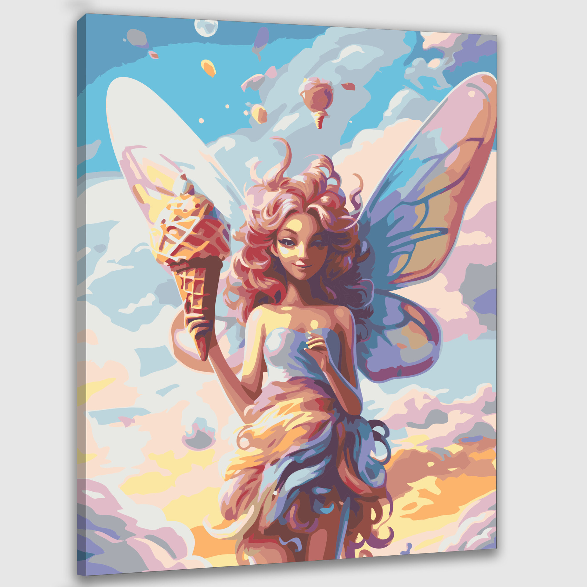 Картина по номерам 40x50 см, фея, крылья, пастельные тона, рожок мороженого, вихрь вкусов, облака из сахарной ваты