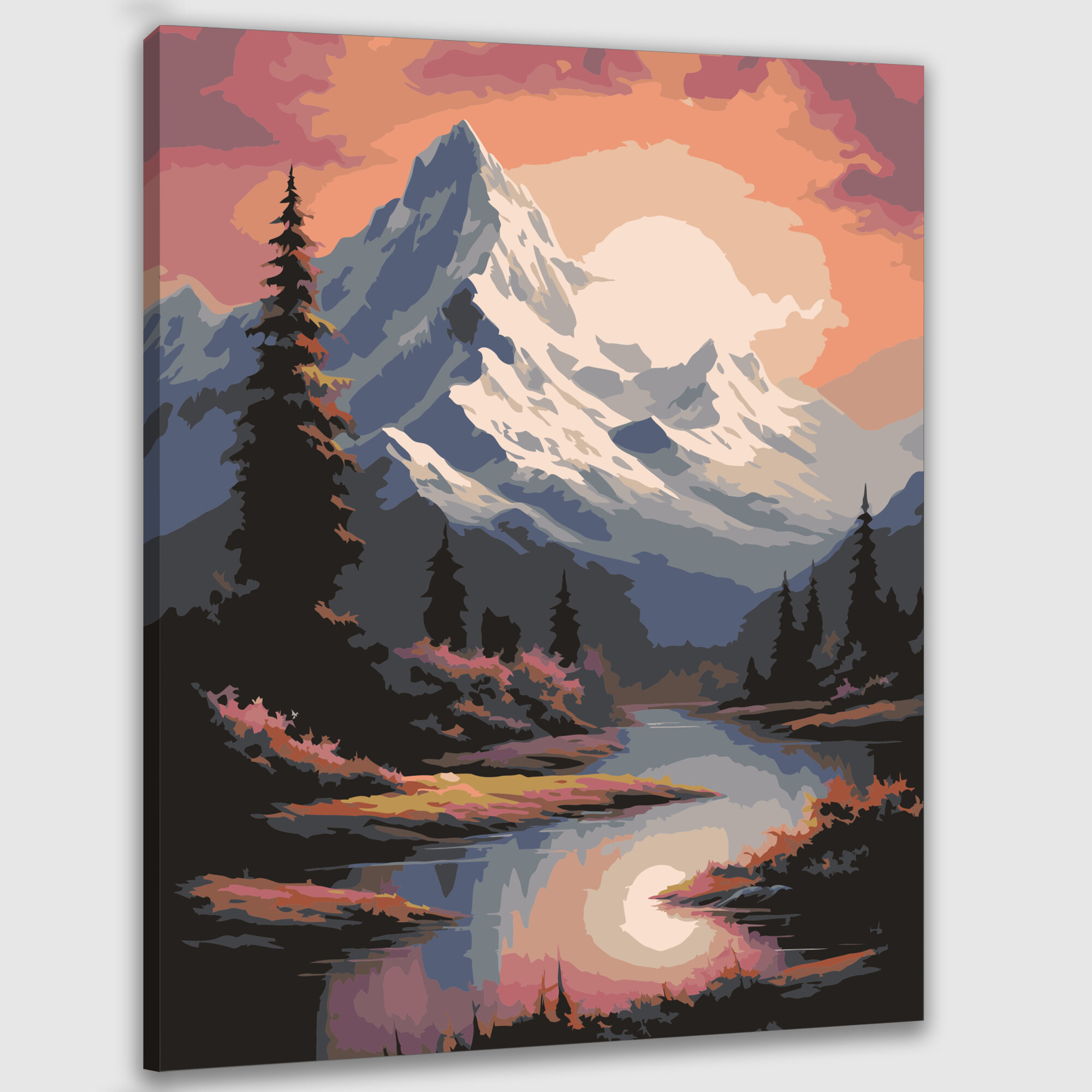 Картина по номерам 40x50 см, картина, масло, горный хребет, рассвет, лучи солнца, горизонт, заснеженные вершины