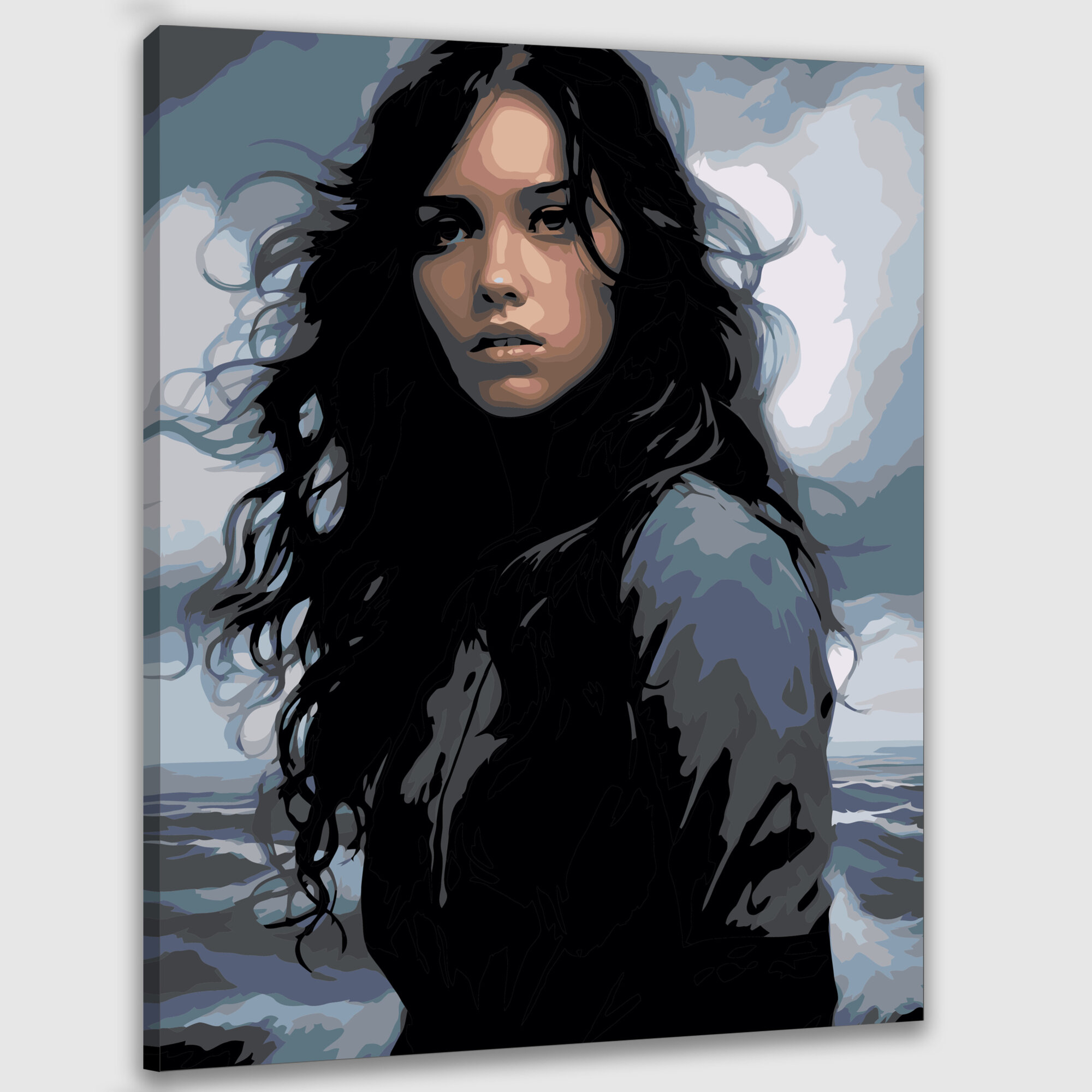 Картина по номерам 40x50 см, картина маслом, девушка, взгляд, волосы, меланхолия, лицо, фон, небо, волны