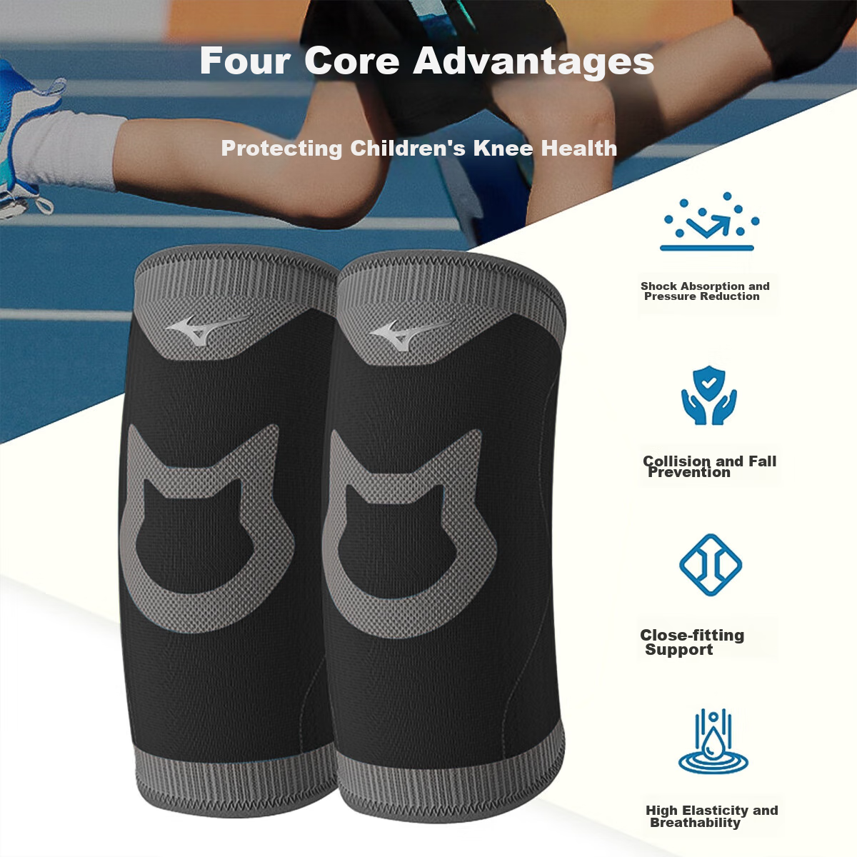 Mizuno Children's Knee Pads, Sports Basketball-Specific Leg Guards, Running Anti-Fall Knee Protectors, Men's Soccer Knee Pads, Size S, Black, 2 Pieces