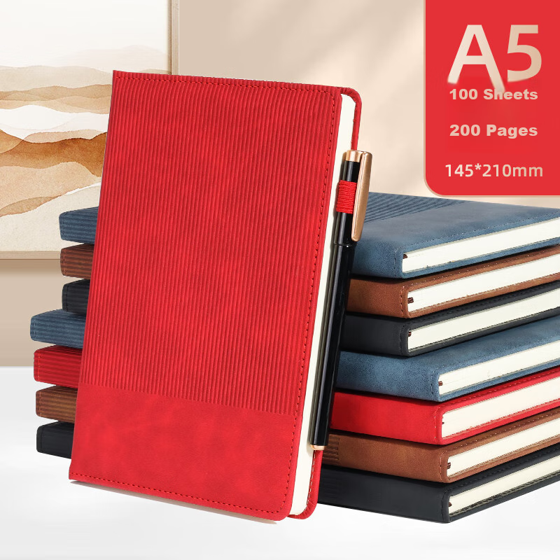 SHEN SHI A5 Notebook, Hard Cover Journal, Business Office Meeting Record Book, Student Stationery, Diary, Draft Book with Pen, 100 Sheets, 1 Book, 25-587 Red