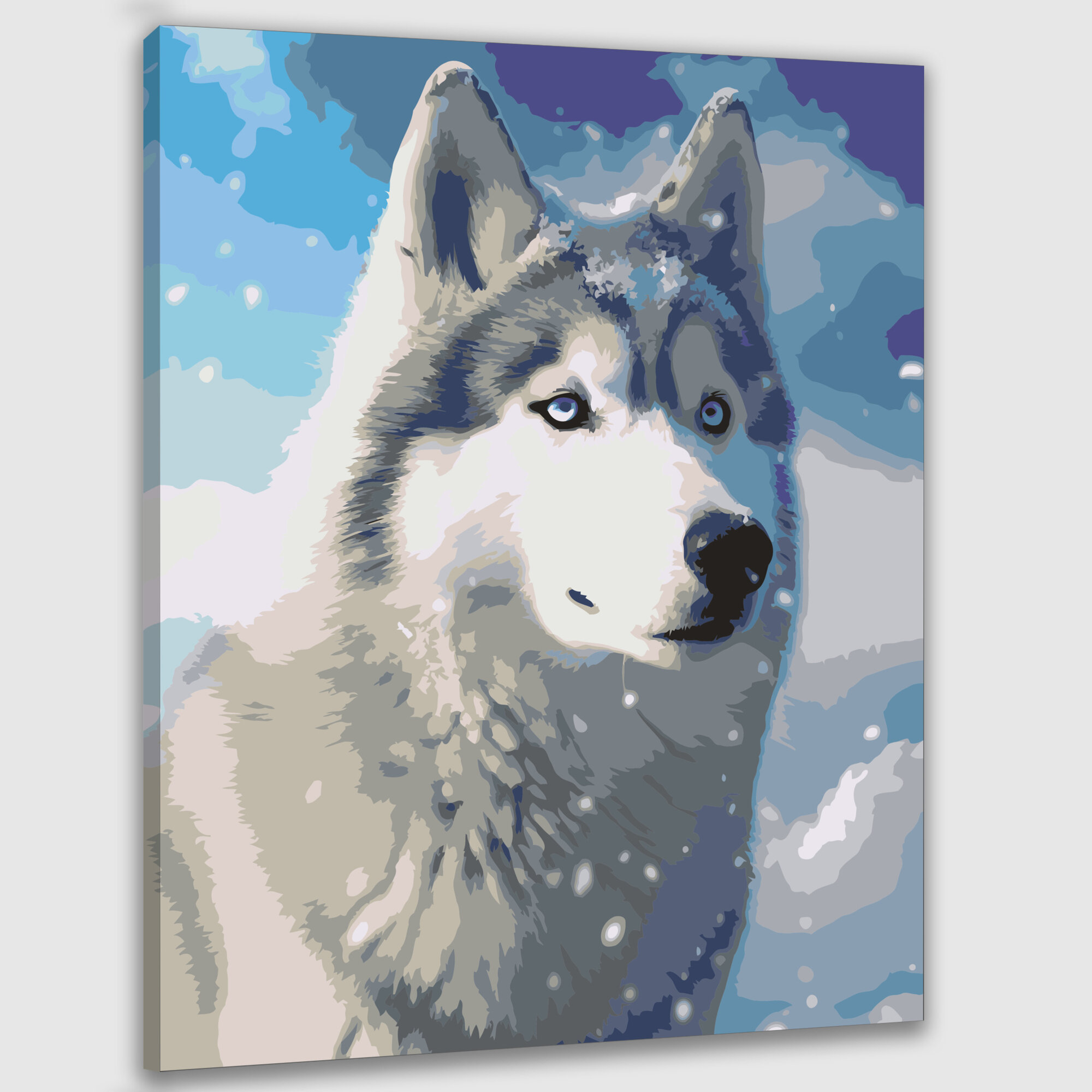 Картина по номерам 40x50 см, Хаски, зимний пейзаж, снежинки, ледяной ветер, голубые глаза, решимость, стойкость
