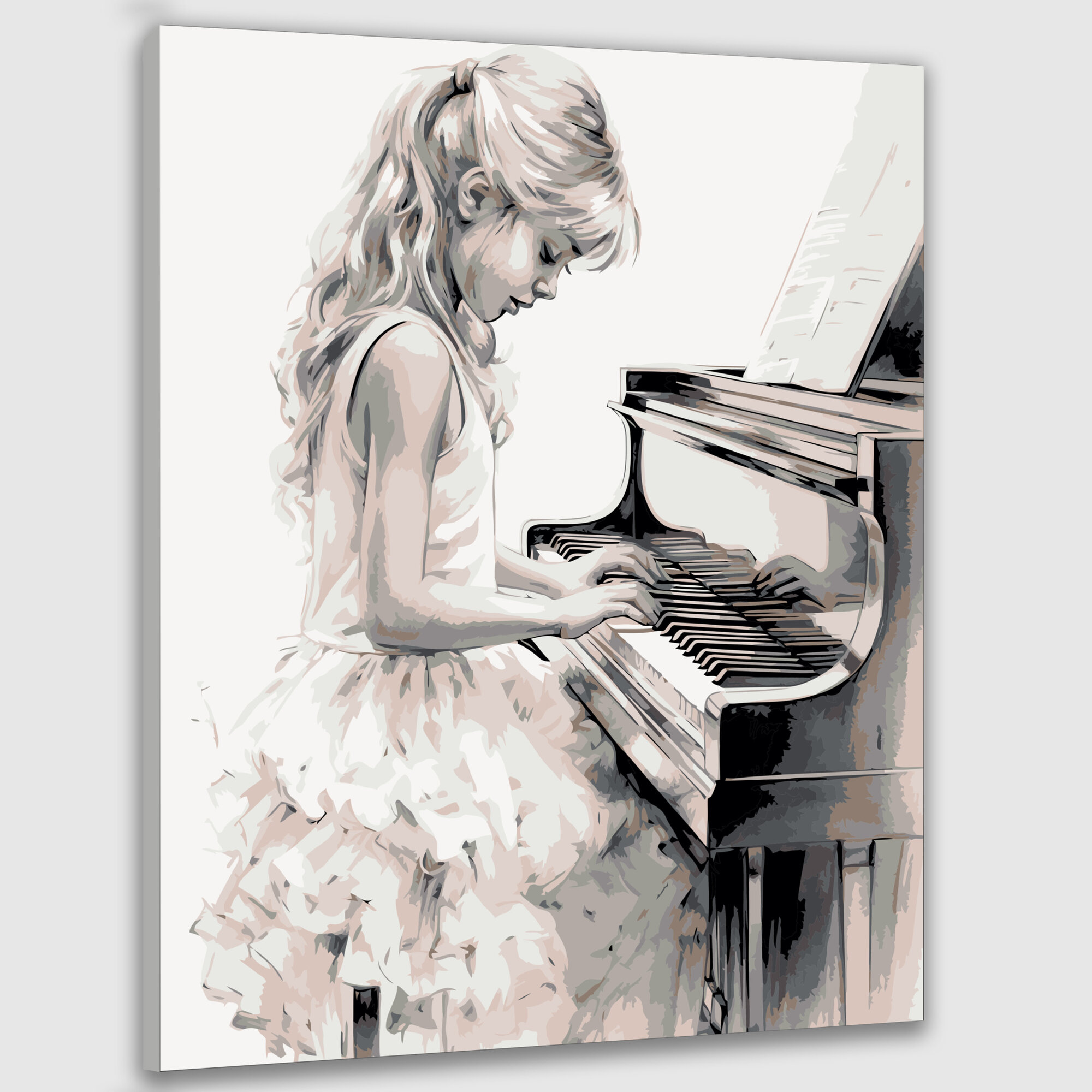 Картина по номерам 40x50 см, молодая девушка, рояль, игра, лицо, напряжение, сосредоточенность, пальцы, нажимать