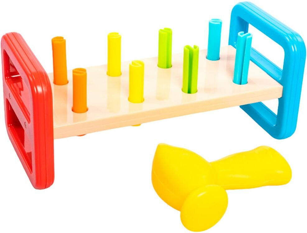 Логическая игрушка "Забивалка. Радужные столбики" для малышей, учим цвета, развивающая стучалка, игровой набор с основой, молоточком и цветными гвоздиками