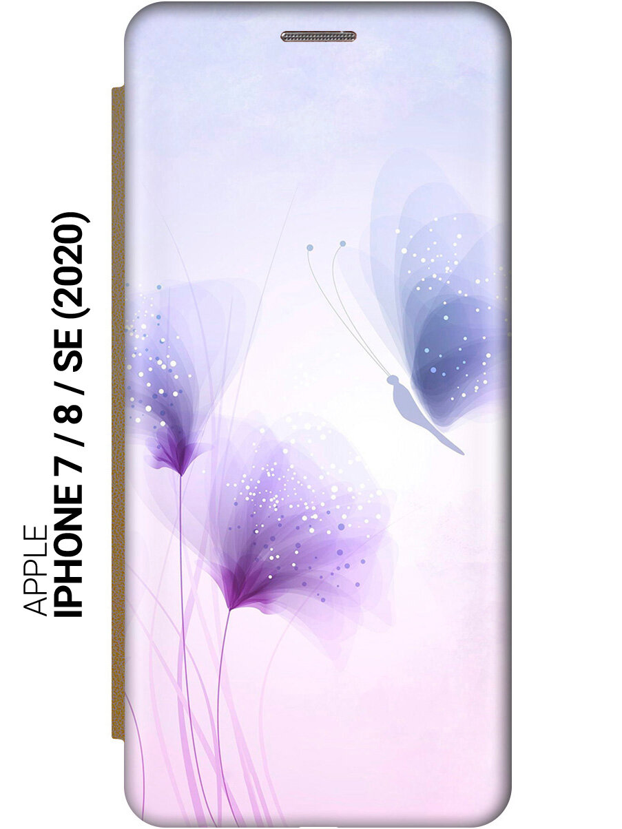 Чехол-книжка на Apple iPhone SE (2022) / SE (2020) / 8 / 7 / Эпл Айфон СЕ 2022 / СЕ 2020 / 8 / 7 с рисунком "Бабочка и фиолетовые цветы" золотистый