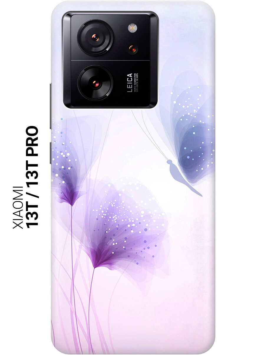 Силиконовый чехол на Xiaomi 13T / 13T Pro / Сяоми 13Т / 13Т Про с рисунком "Бабочка и фиолетовые цветы"