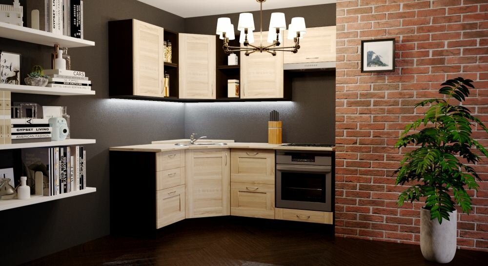 Кухонный гарнитур Томилла оптима 4 1400*2000, цвет Квадро дуб сонома/Венге, ширина 140*200 см, прямой, модульный, со столешницей, с ящиками, с полками