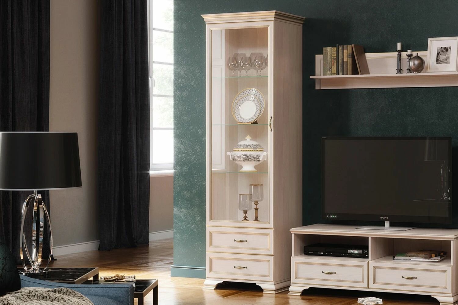 Шкаф-витрина Сиена, цвет Бодега белый (патина "золото")