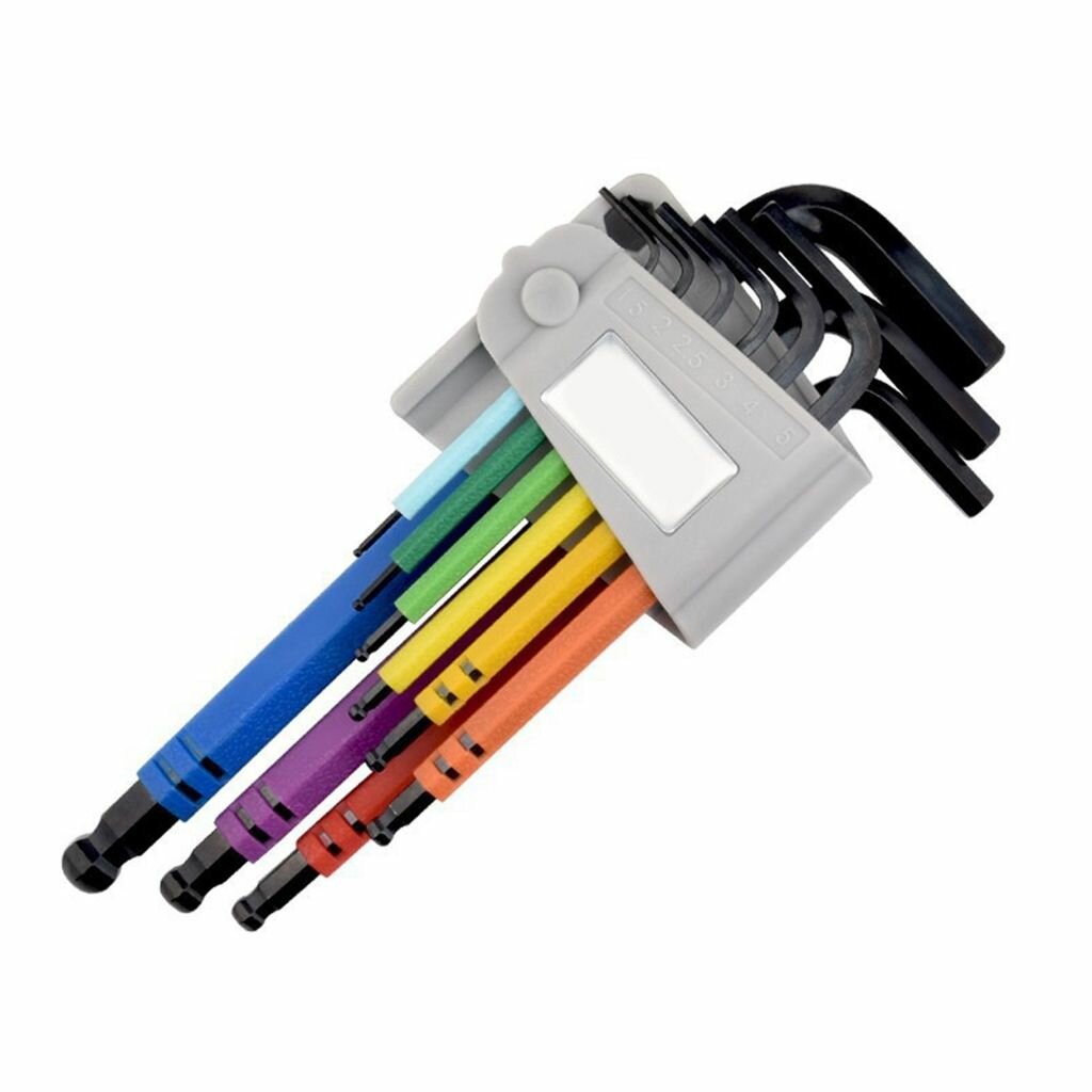 Наборы инструментов, Цветной универсальный комплект шестигранных ключей - цветной, средний длины, шаровые головки, блестящий черный, 9 предметов, 1 набор