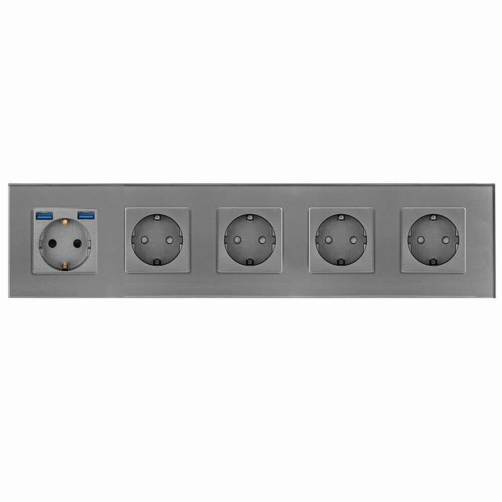 5 шт Розетка 5 поста с 2 USB-портами, 16А 110-250В, с заземлением и защитных шторок 370x86mm, серый