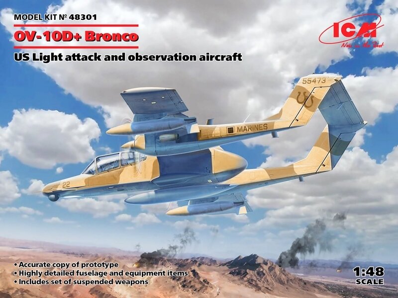 Сборная модель Легкий штурмовик разведчик ВВС США OV-10D+ Bronco (1/48) ICM 48301