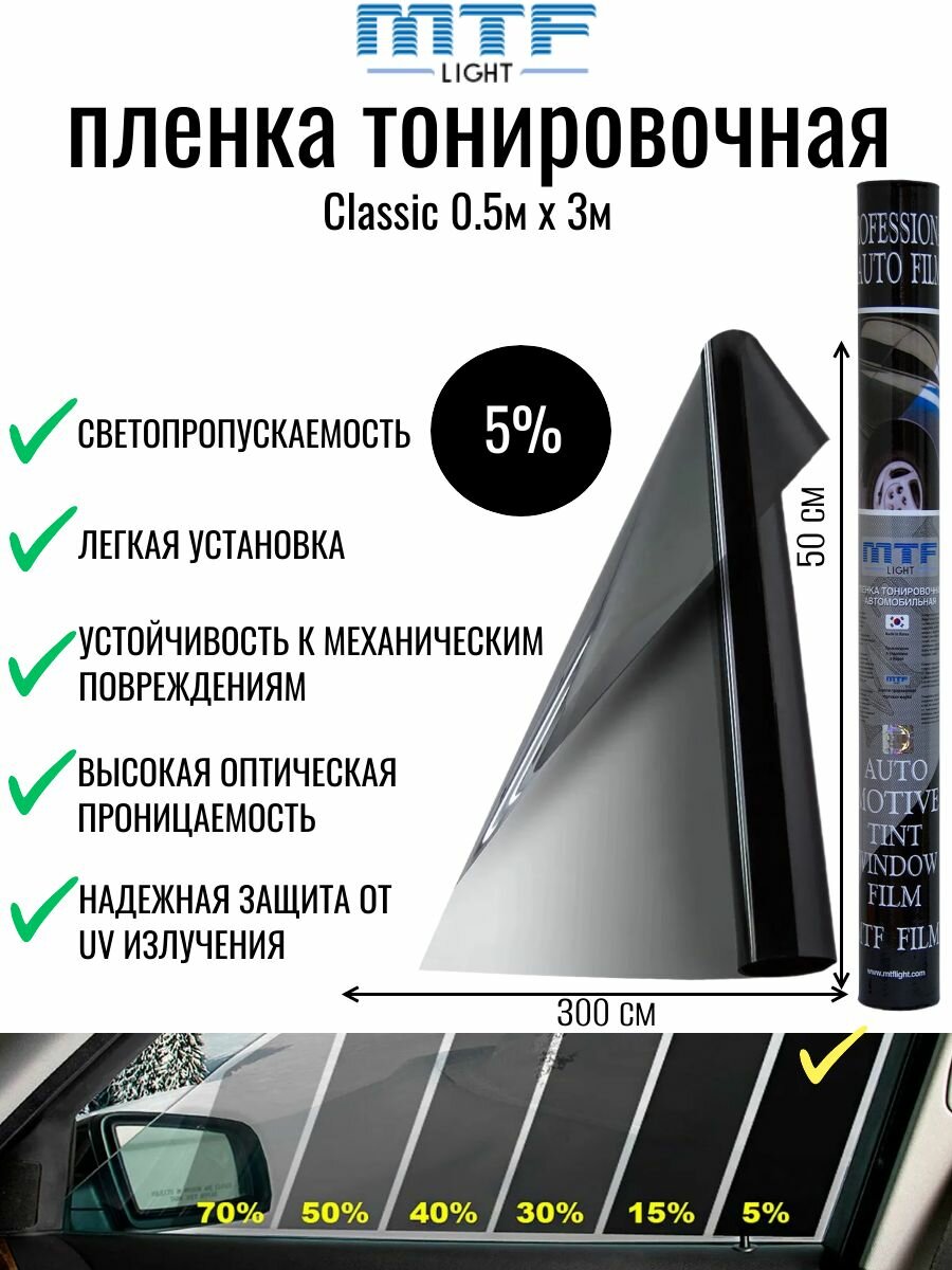 Тонировка для авто, пленка тонировочная MTF Light Charcoal 0,5 м х 3 м, 5% светопропускаемость, туба