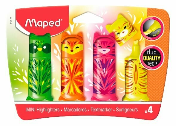 Набор текстовыделителей MAPED "FLUO PEP'S MINI FRIENDS", неоновые 4 цвета, скошенный 1-5мм