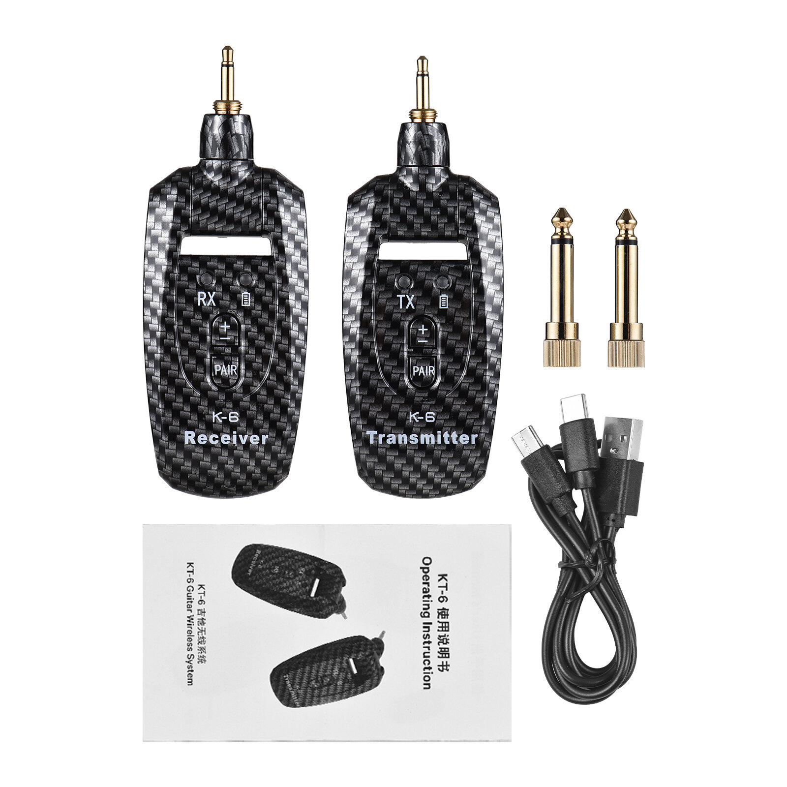 Комплект передатчика и приемника для беспроводной гитарной системы 2.4G, перезаряжаемый, передача в реальном времени, поворотный на 270 градусов штекер с 2 адаптерами 6,35 мм