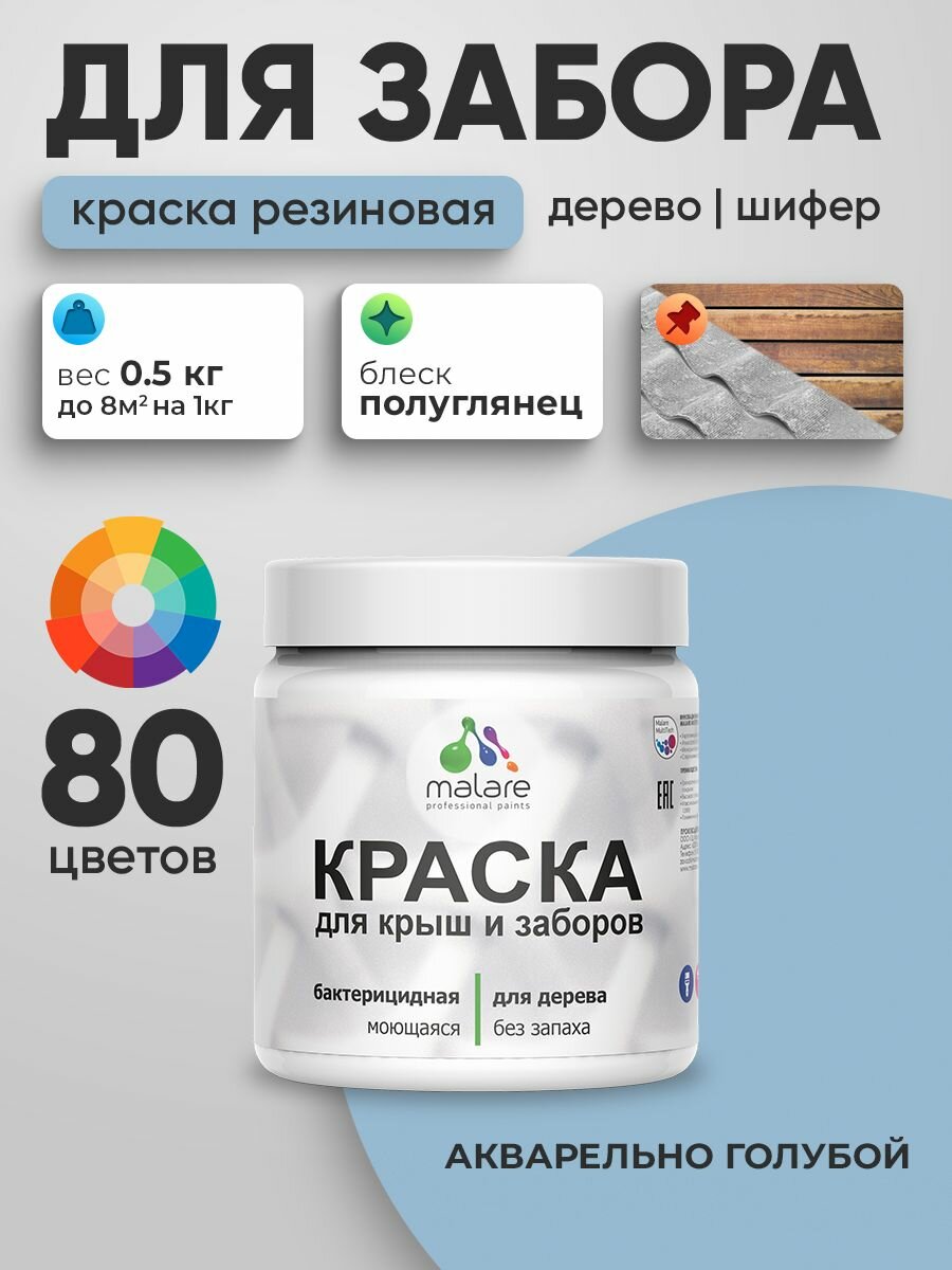 Резиновая краска Malare для деревянного забора/ по дереву для наружных и внутренних работ/ быстросохнущая моющаяся без запаха полуглянцевая, акварельно-голубой, 0.5 кг.