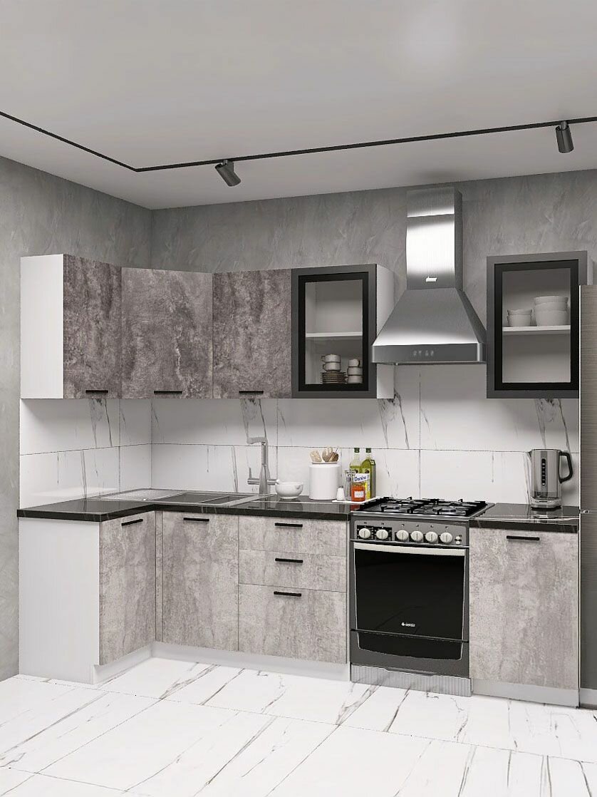 Кухонный гарнитур угловой Урбан 2.1х1 м, мебель для дома и кухни, Белый / Цемент темный / Черный, стекло