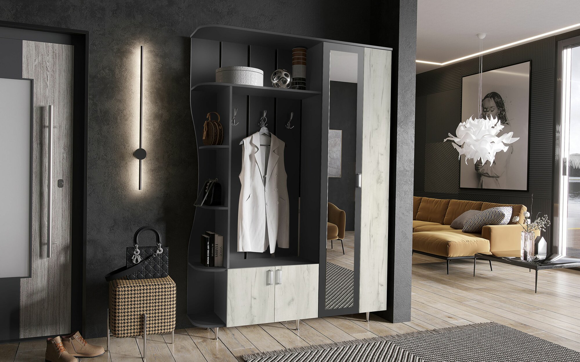 Прихожая Лика № 1 1,5 м (Графит/Дуб Крафт Белый) (Миф)