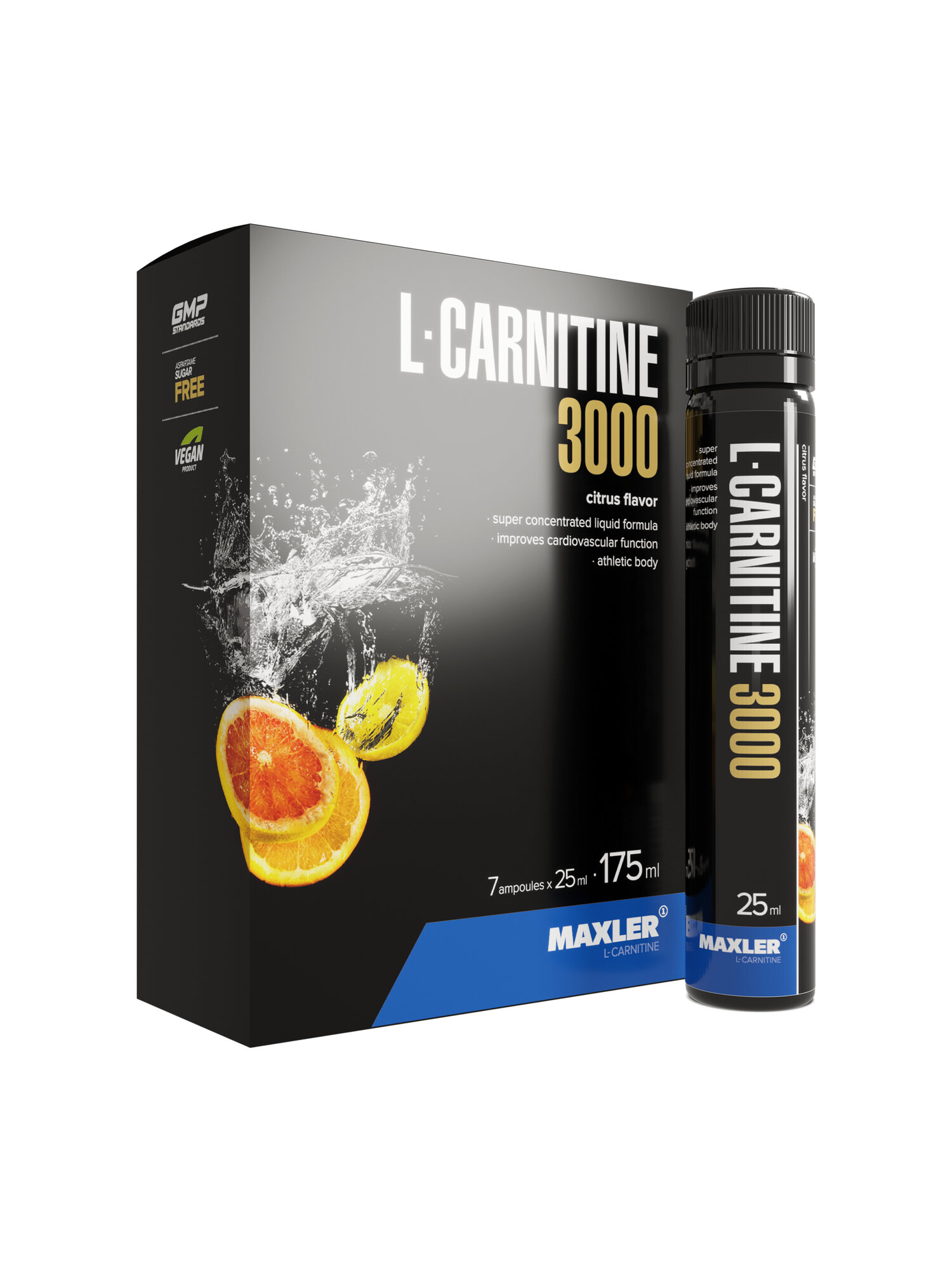 L-карнитин жидкий Maxler L-Carnitine, 3000 мг на порцию, 7 туб по 25 мл - Цитрус