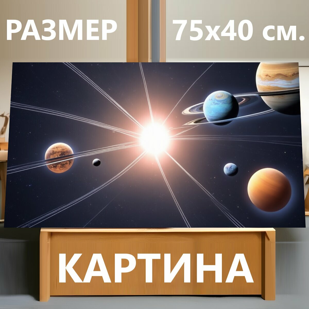 Картина на холсте "Космическая сцена с несколькими планетами, вращающимися вокруг яркой звезды. Планеты разного размера и цвета, некоторые с." на подрамнике 75х40 см. для интерьера