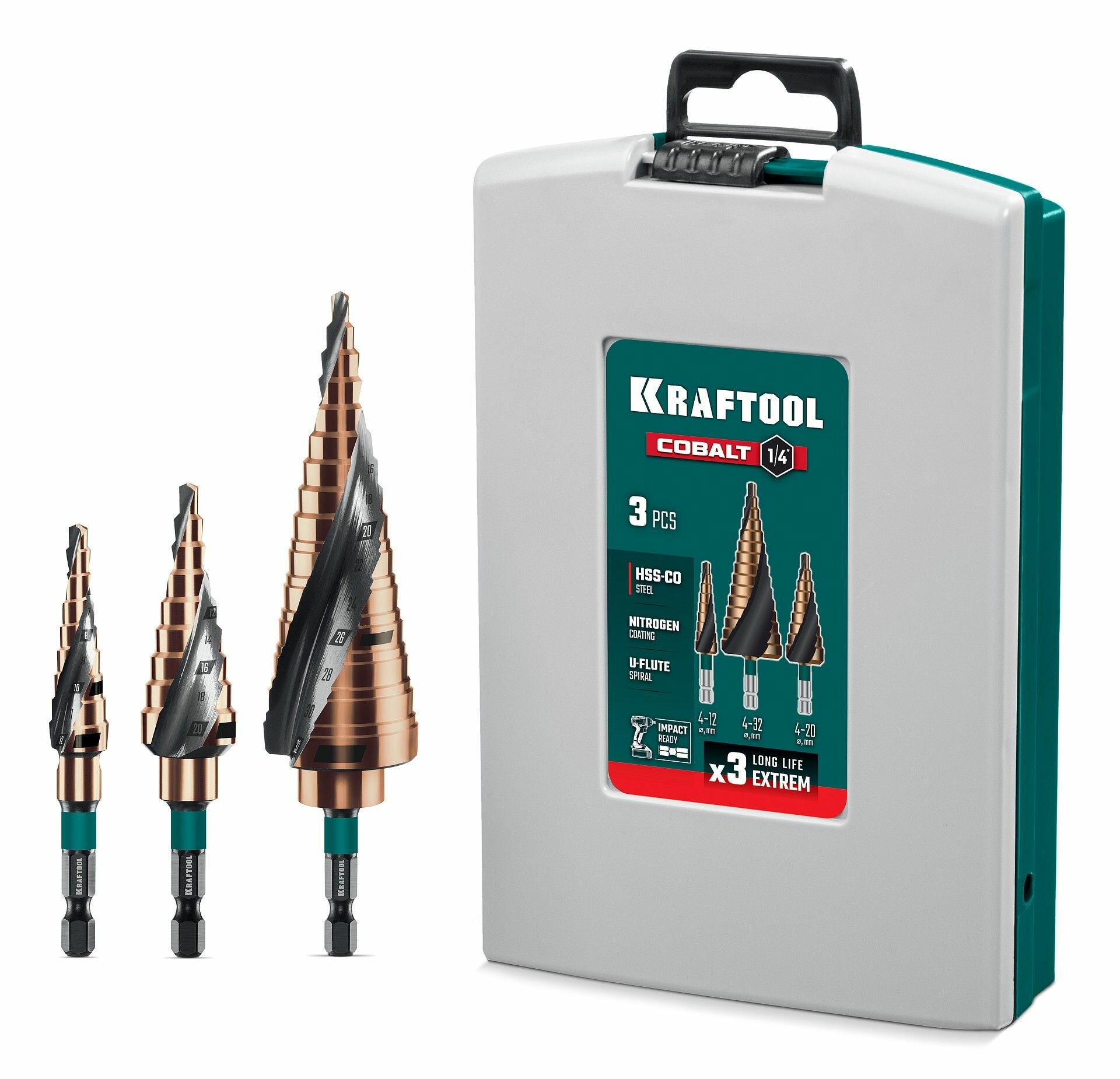 Набор сверл ступенчатых 3 шт 4-32 мм азотирование винтовая спирал Kraftool COBALT 29691-4-32-H3