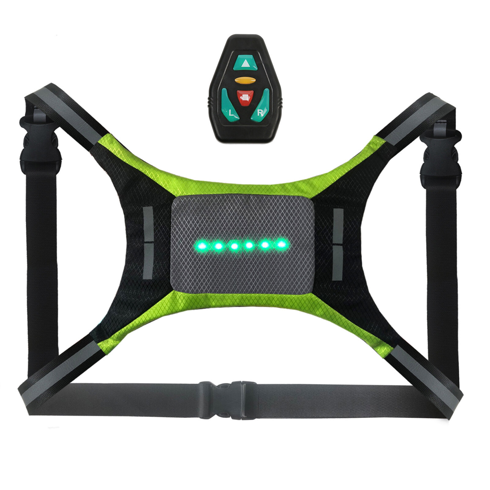 LED Reflective Vest USB Rechargeable Remote Control Turn Signal Light Vest Bicycle Warning Vest, Color: Yellow/ Grey/ Blue, Size: 29*19*1.5cm, Weight: 230g, Material: Nylon, Signal Frequency: 2.4GHZ, Remote controller battery: 2 * CR2032, Receiver