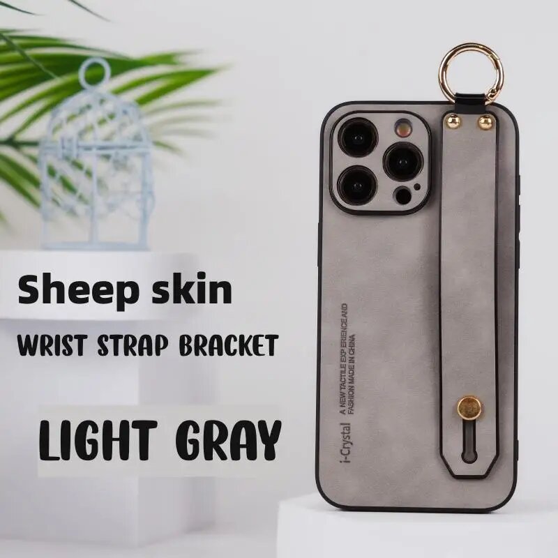 Кожаный чехол из овчины с ремешком на руку для iPhone 16 Pro Max 15 14 Айфон 16 Про Макс, Light Grey