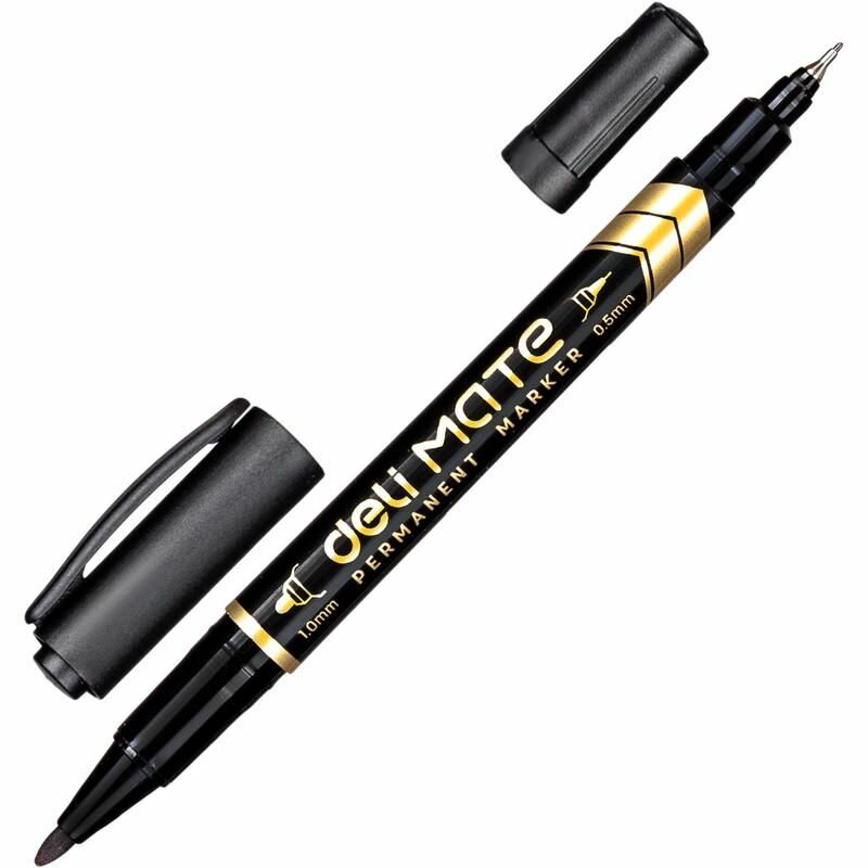 Маркер перманентный двусторонний Deli Mate черный (толщина линии 0.5 мм, 1 мм) круглый наконечник