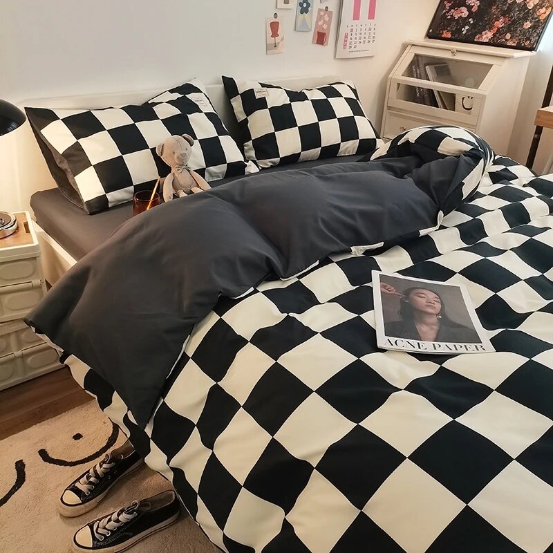 Dreamreal Комплект постельного белья из хлопка, клетка в полоску Queen Size 4pcs, 08