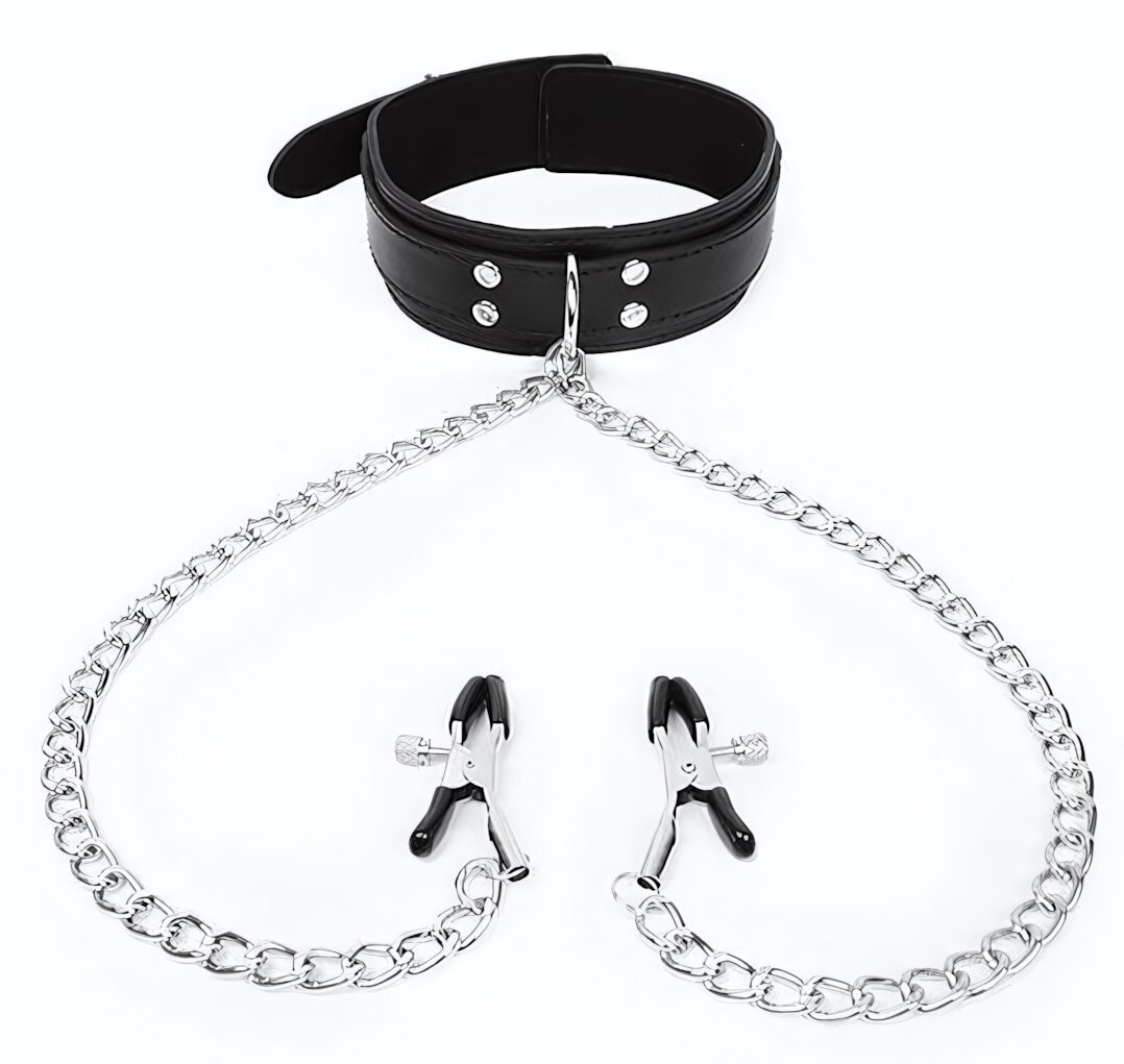 Черный ошейник с зажимами на соски, регулируемый, ПВХ, для БДСМ-игр