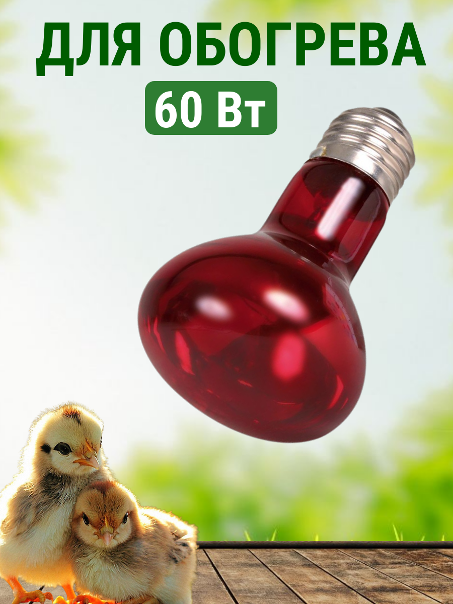 Лампа инфракрасная для обогрева цыплят, птиц, животных, мощностью 60Вт