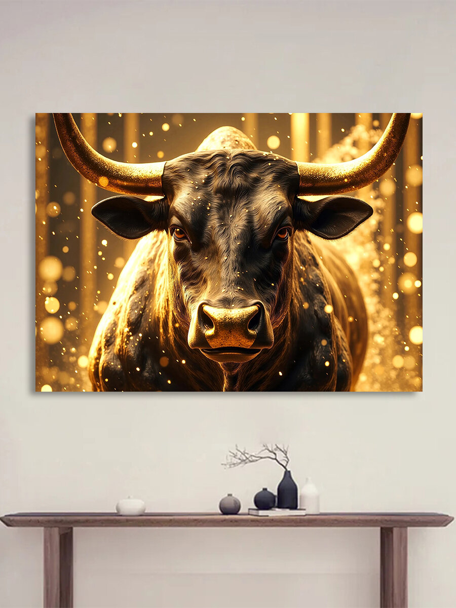 Картина на стену - "Бык мотивация деньги в офис" , 50х70 см.