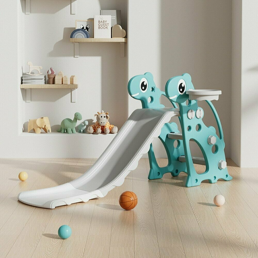 Горка детская для дома и улицы Pituso Зубастик, игровой комплекс 2 в 1 с баскетбольным кольцом, цвет зеленый