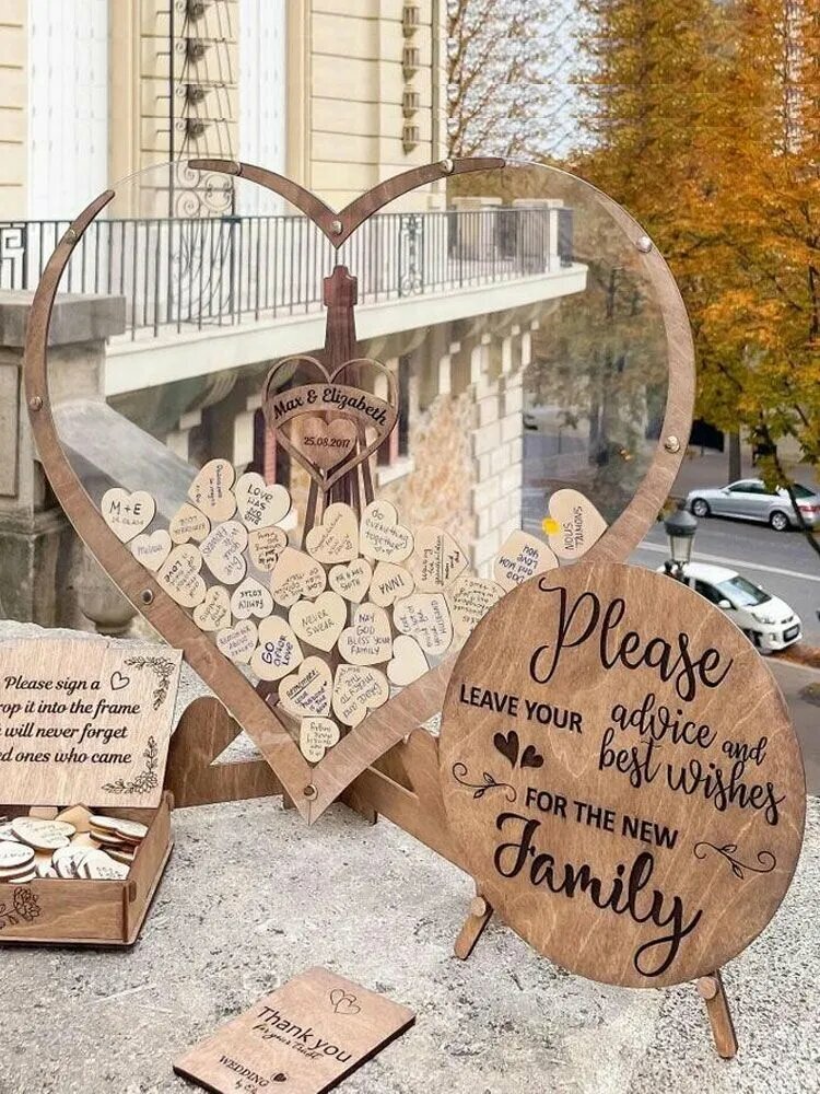 Гостевая книга. Деревянная акриловая фоторамка в форме сердца для свадьбы/вечеринки/выпускного/, с 80 сердцами.